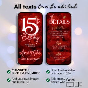 15th Birthday Video Invitation, Red Glitter Digital Invitation, 15th ...