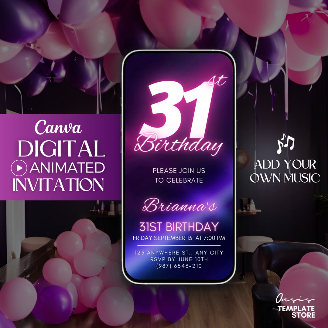 Thirty One 31st Birthday Invitation, Pink Neon Digital Invitation, 31st ...