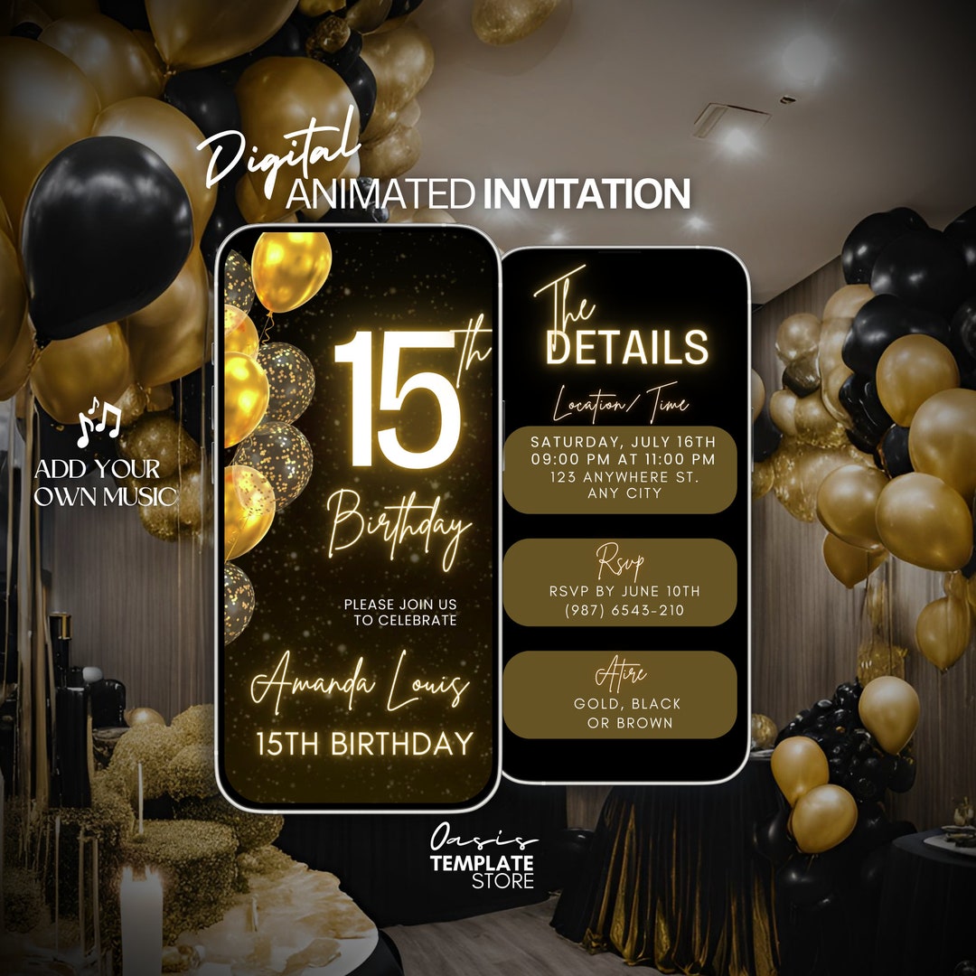Digital Fifteen 15th Birthday Video Invitation, 15th Animated Invite ...