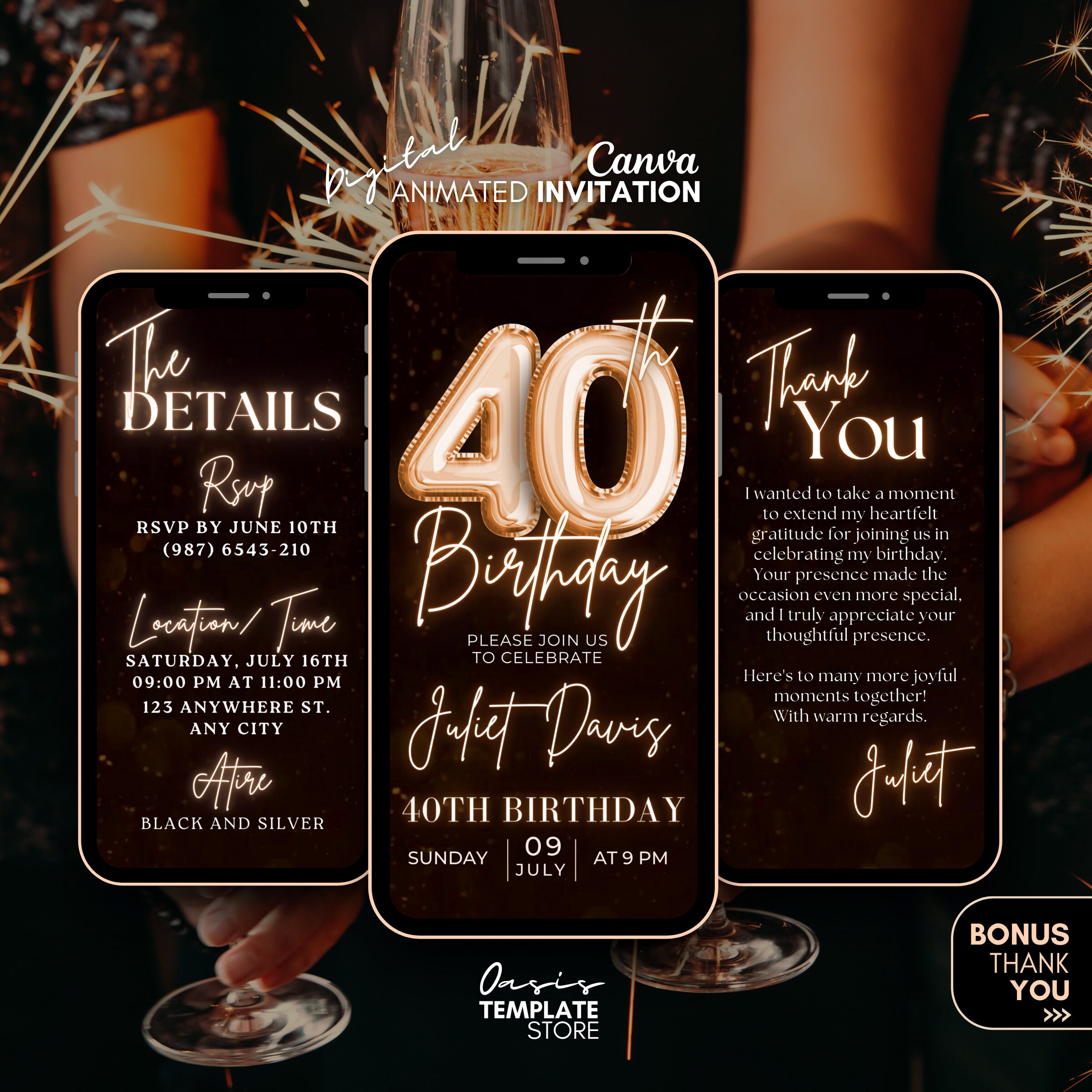 Forty 40th Birthday Video Invitation, Bronze Gold Digital Invitation ...
