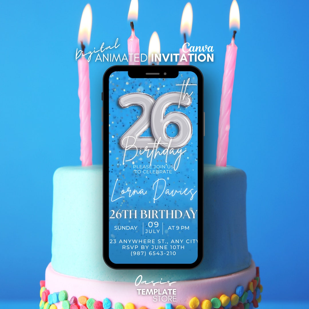 26th Digital Invitation, 26th Birthday Party Invite, Animated Mobile ...