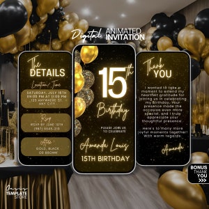 Digital 15th Birthday Video Invitation, Animated Invite, 15th Editable ...