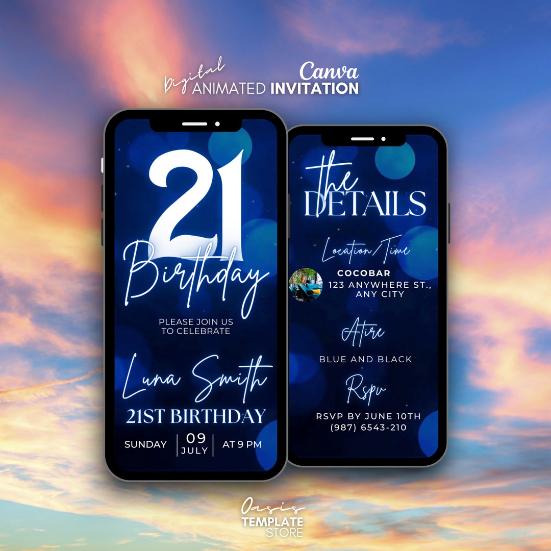Digital 21st Birthday Invitation, Twenty One Mobile Invite, Blue ...