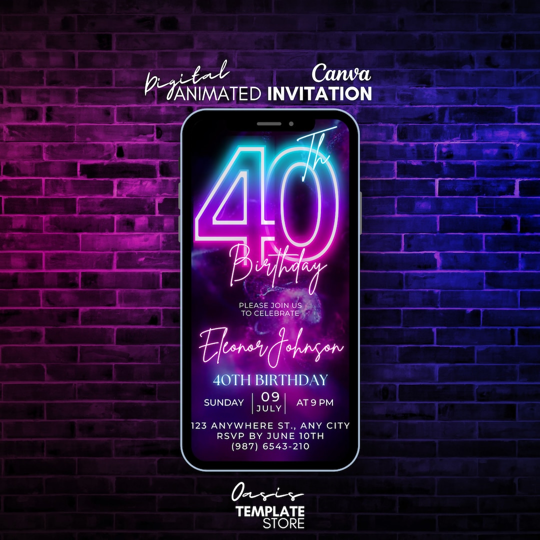 Digital 40th Birthday Invitation, Neon Pink Invite, Forty Video ...