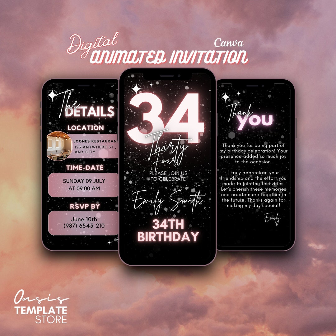 34th Birthday Video Invitation, Party Invitation, Thirty Four Animated ...