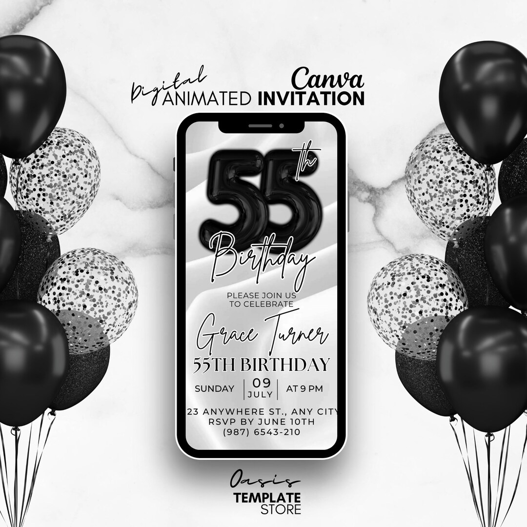 55th Birthday Invitation, Black Balloons Invitation, Mobile Party ...