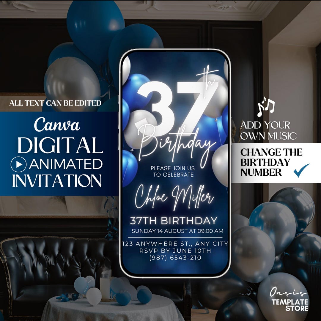 Digital 37th Birthday Invitation, 37th Blue and Silver Video Invitation ...
