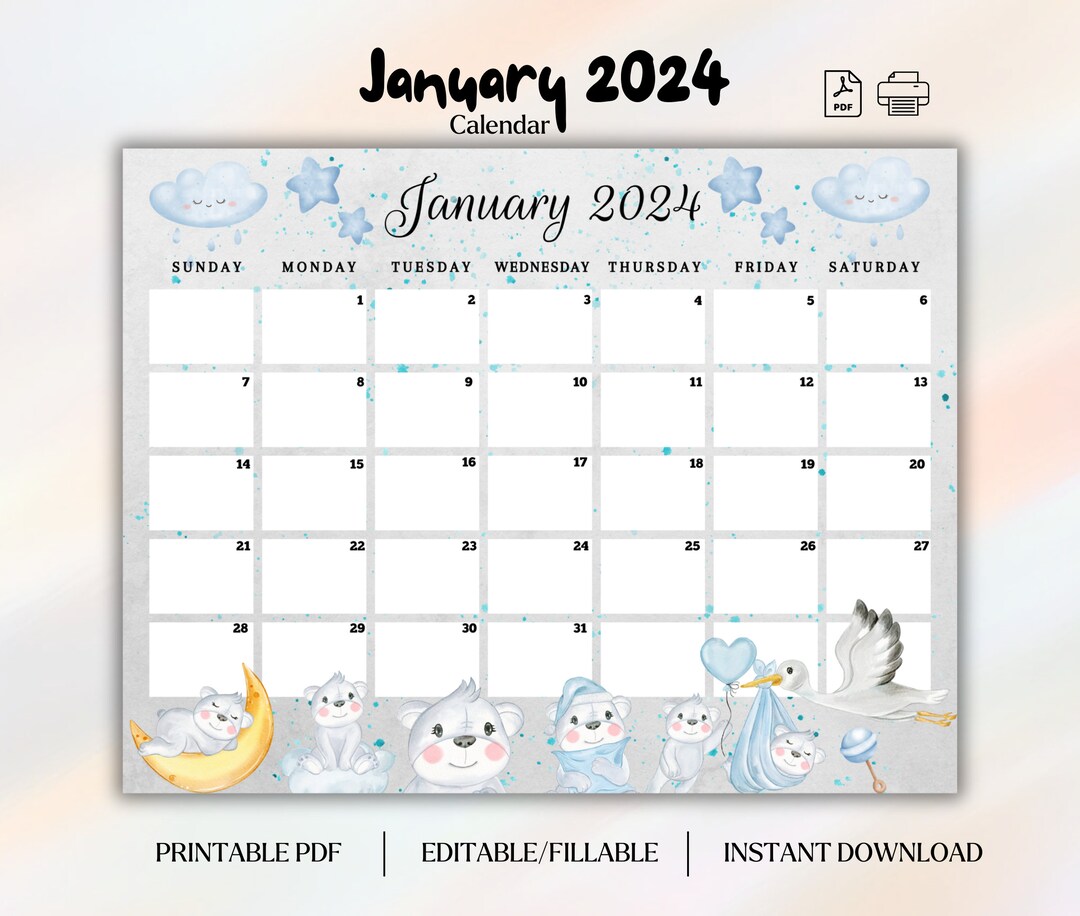Editable January 2024 Calendar, Printable Fillable Monthly PDF Planner ...