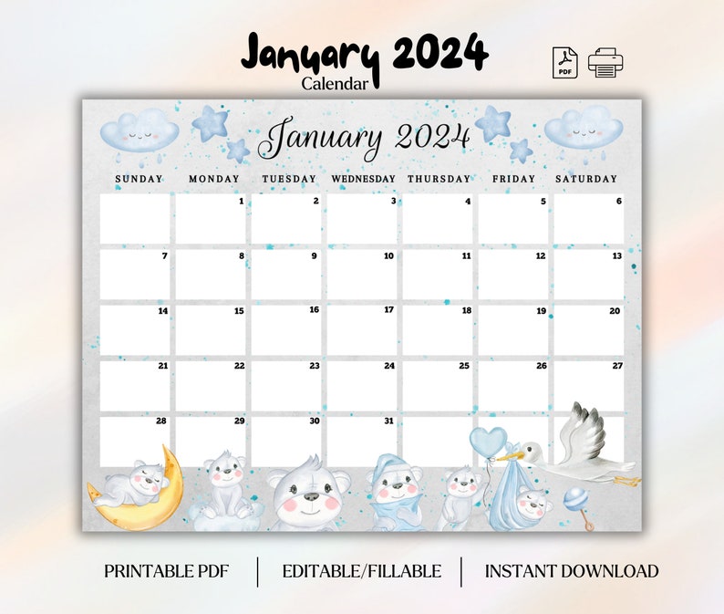 Editable January 2024 Calendar, Printable Fillable Monthly PDF Planner ...