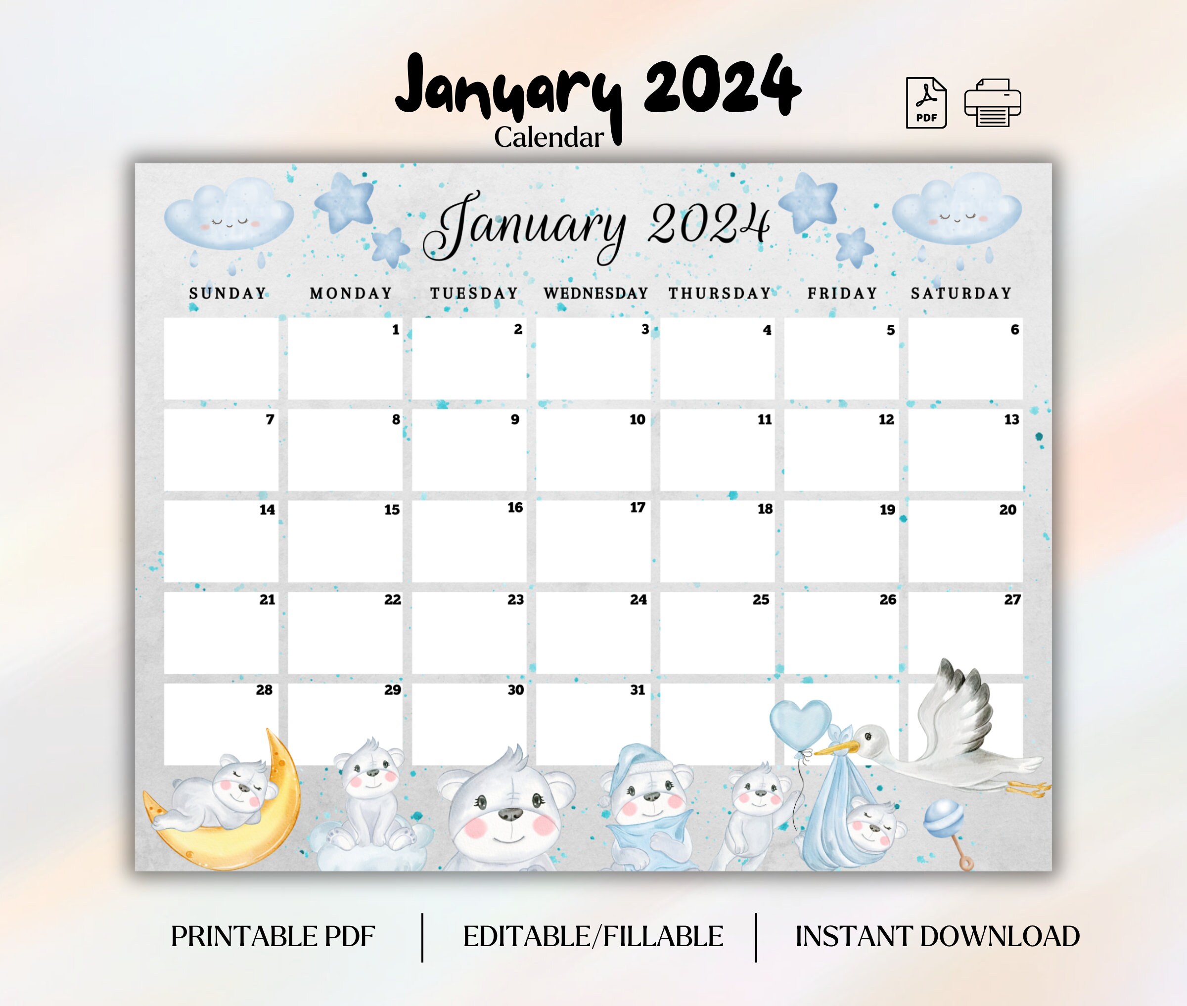 Editable January 2024 Calendar, Printable Fillable Monthly PDF Planner ...