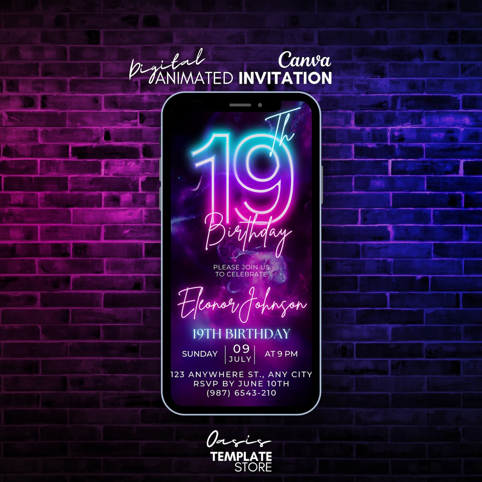 19th Birthday Digital Invitation, Neon Pink Video Invitation, Nineteen ...