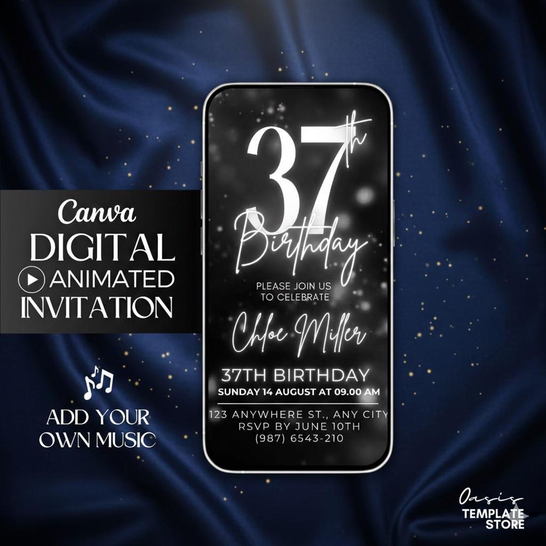 Animated 37th Birthday Invitation With Music, Elegant Silver Glow Video ...