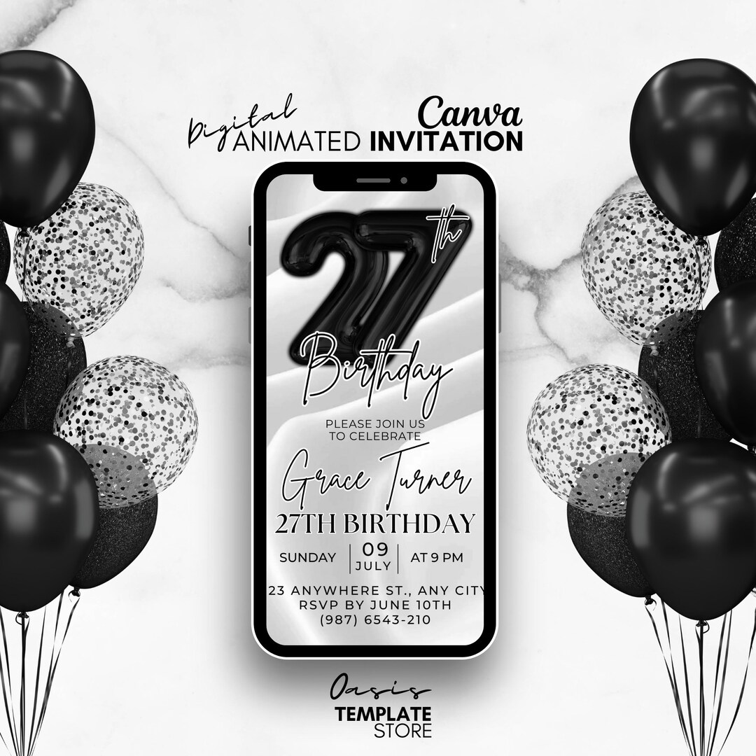 Digital 27th Birthday Invitation, Black Balloons Invitation, 27th ...