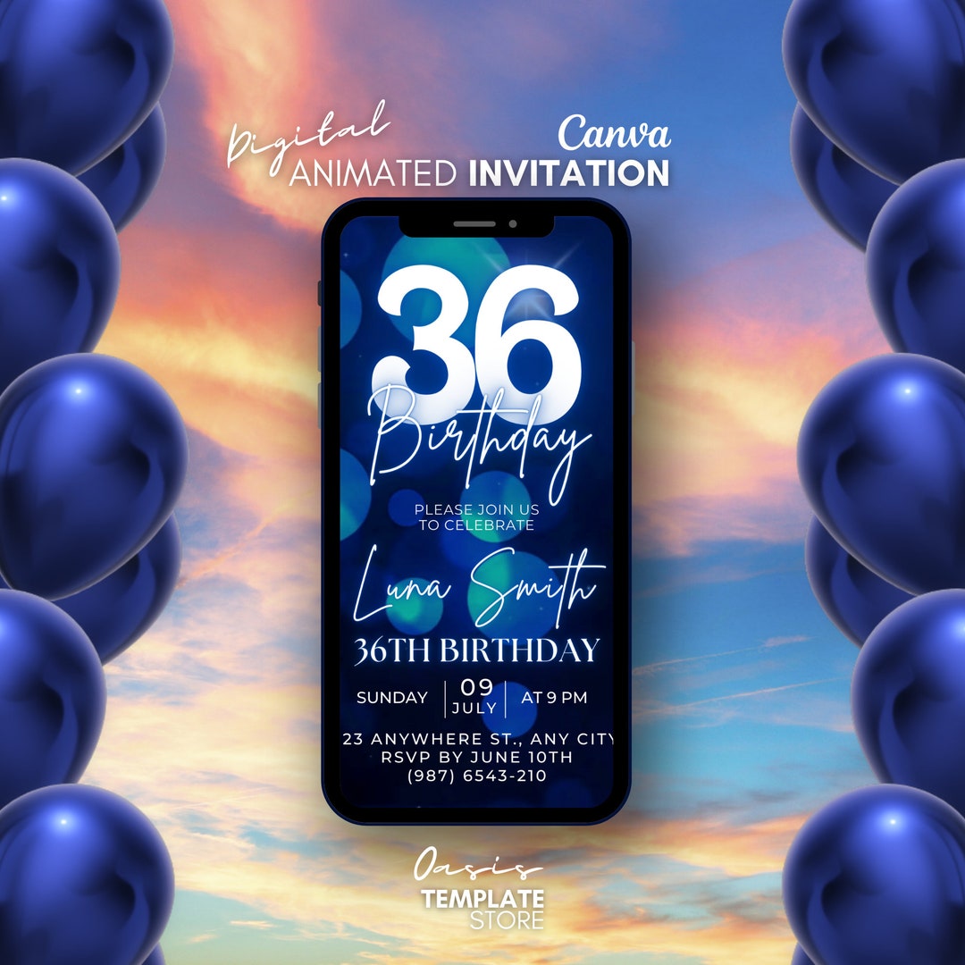 36th Digital Birthday Invitation, 36th Mobile Invitation, Blue Glitter ...