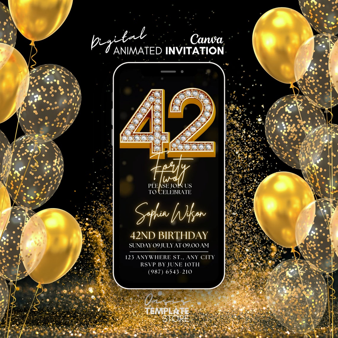 42nd Birthday Invitation, Forty Two Party Video Invite, Black Gold ...