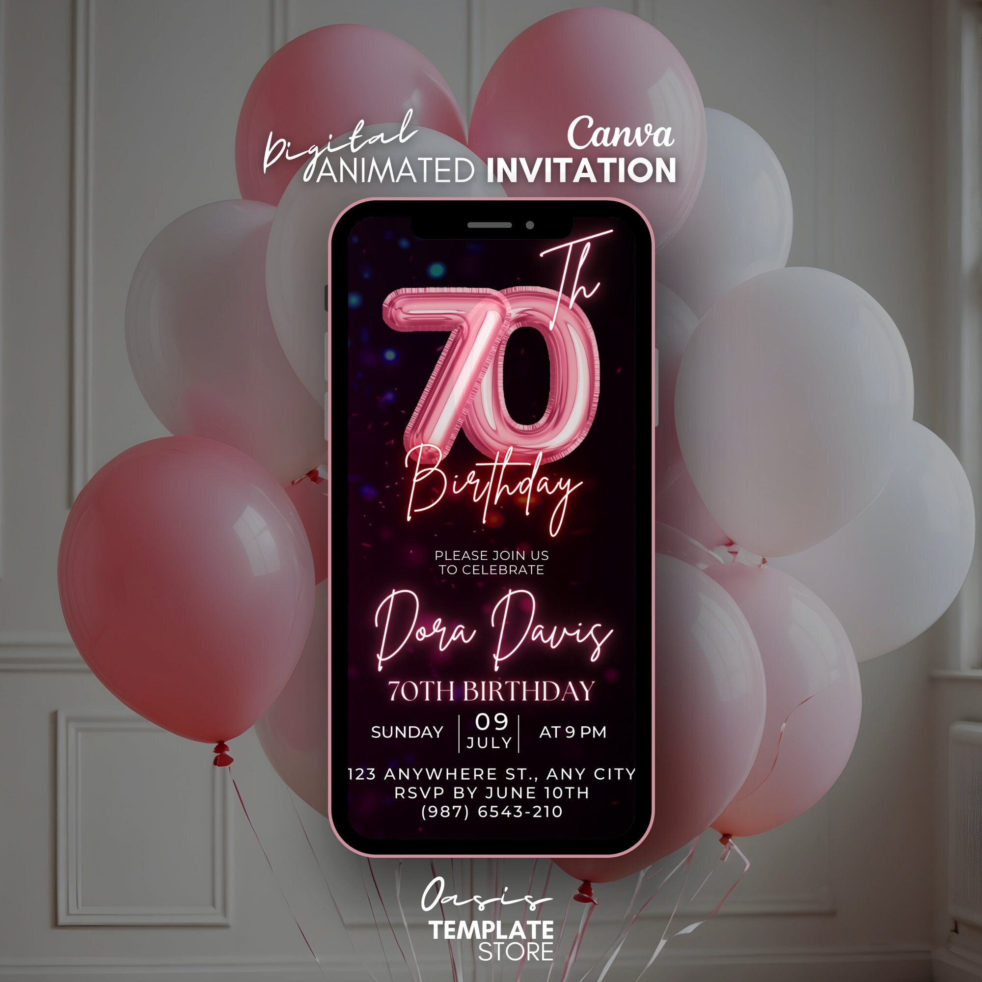 Seventy 70th Digital Birthday Invitation, Pink Balloons Video Invite ...