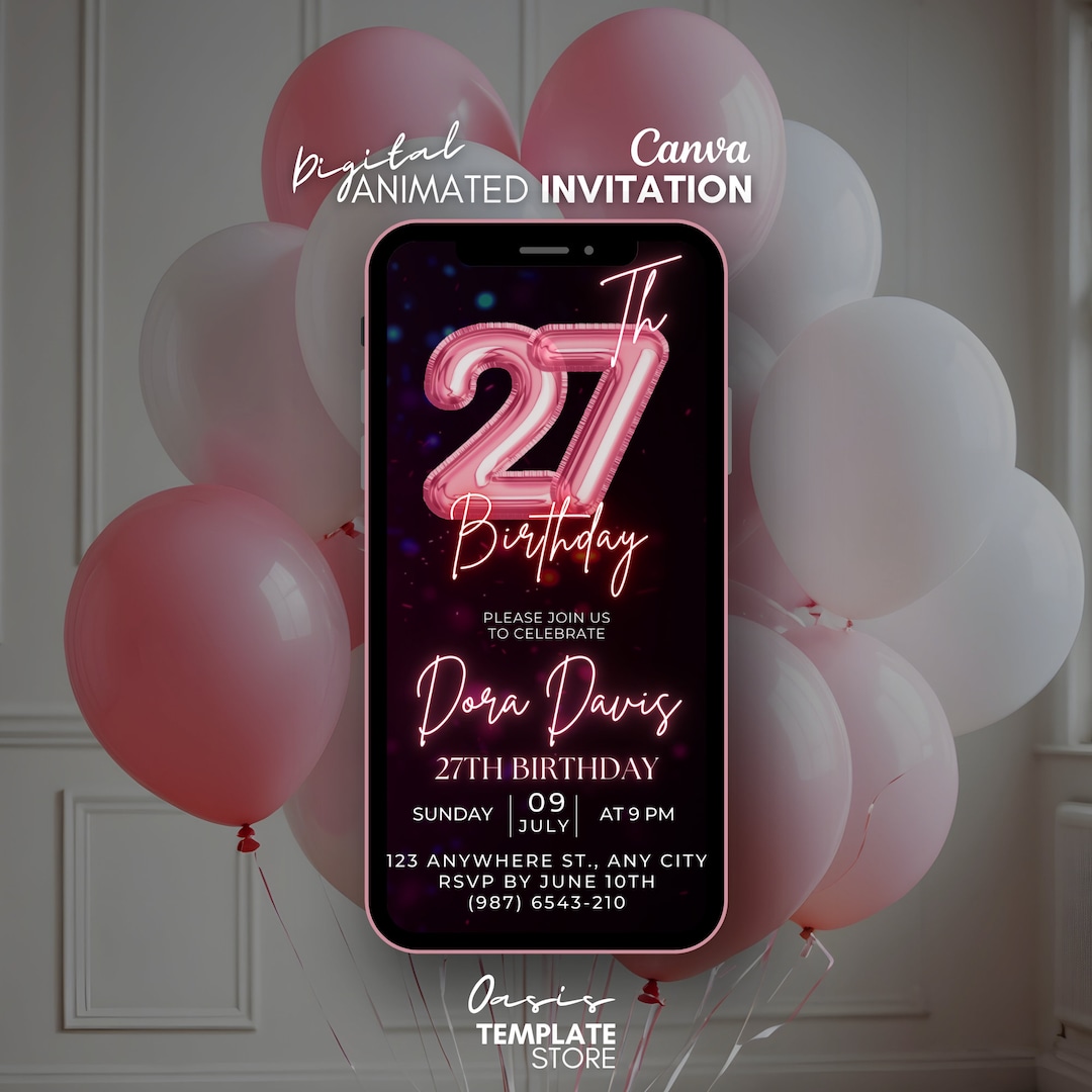Digital 27th Birthday Invitation, Pink Balloons Video Invitation, 27th ...