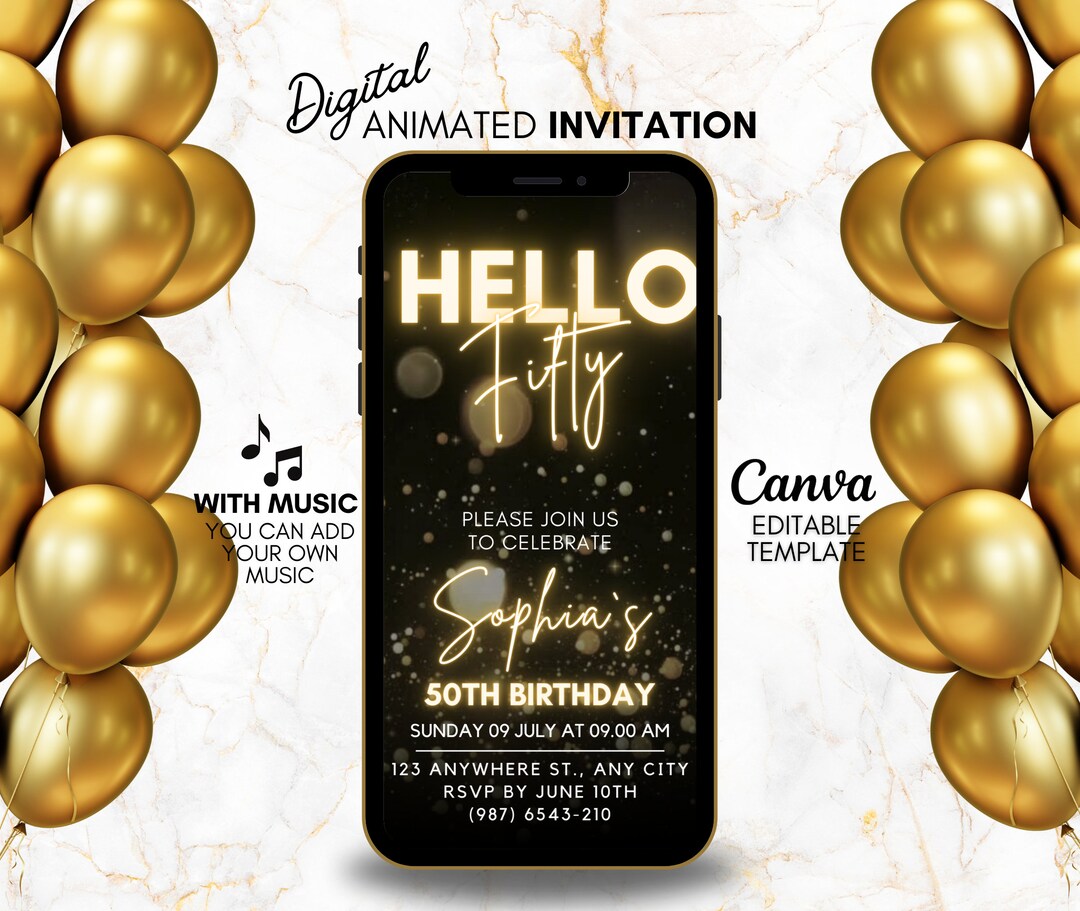 Hello 50TH Birthday Video Invitation, Editable Animated Invite, Fifty ...