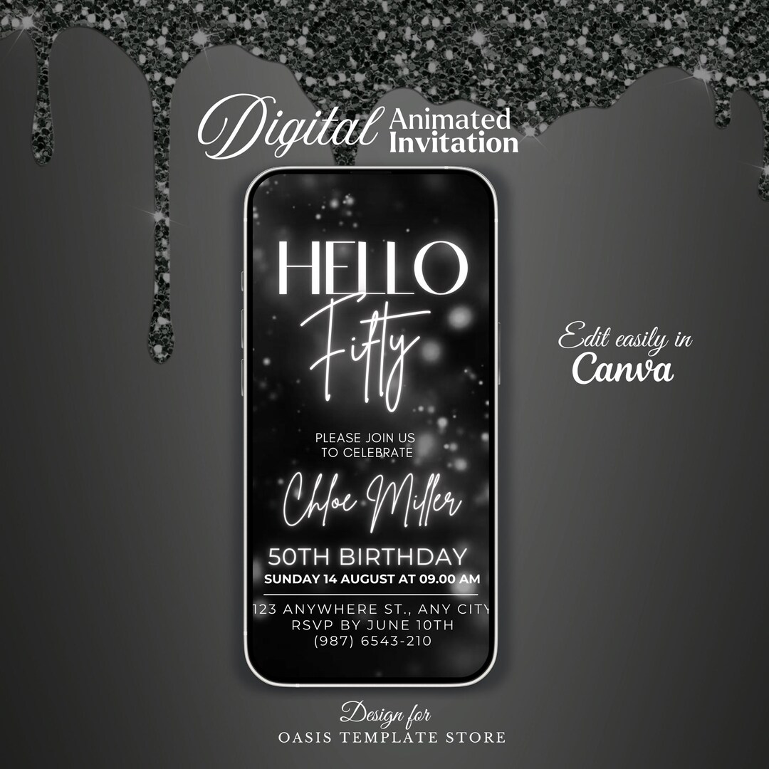 Digital Hello 50th Birthday Invitation, Silver Glitter Digital ...