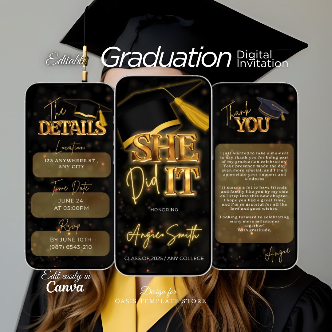 She Did It Graduation Invitation, Gold Glitter Grad Evite for Her ...