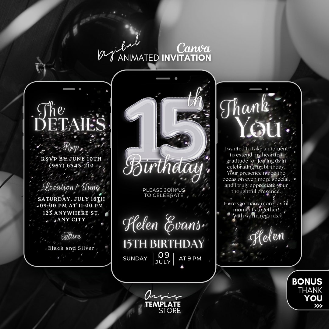 Fifteen 15th Birthday Digital Invitation, 15th Black Silver Video ...
