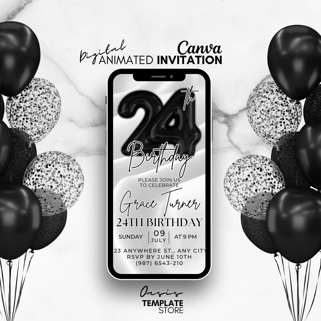24th Birthday Invitation, Black Balloons Invitation, 24th Mobile Party ...