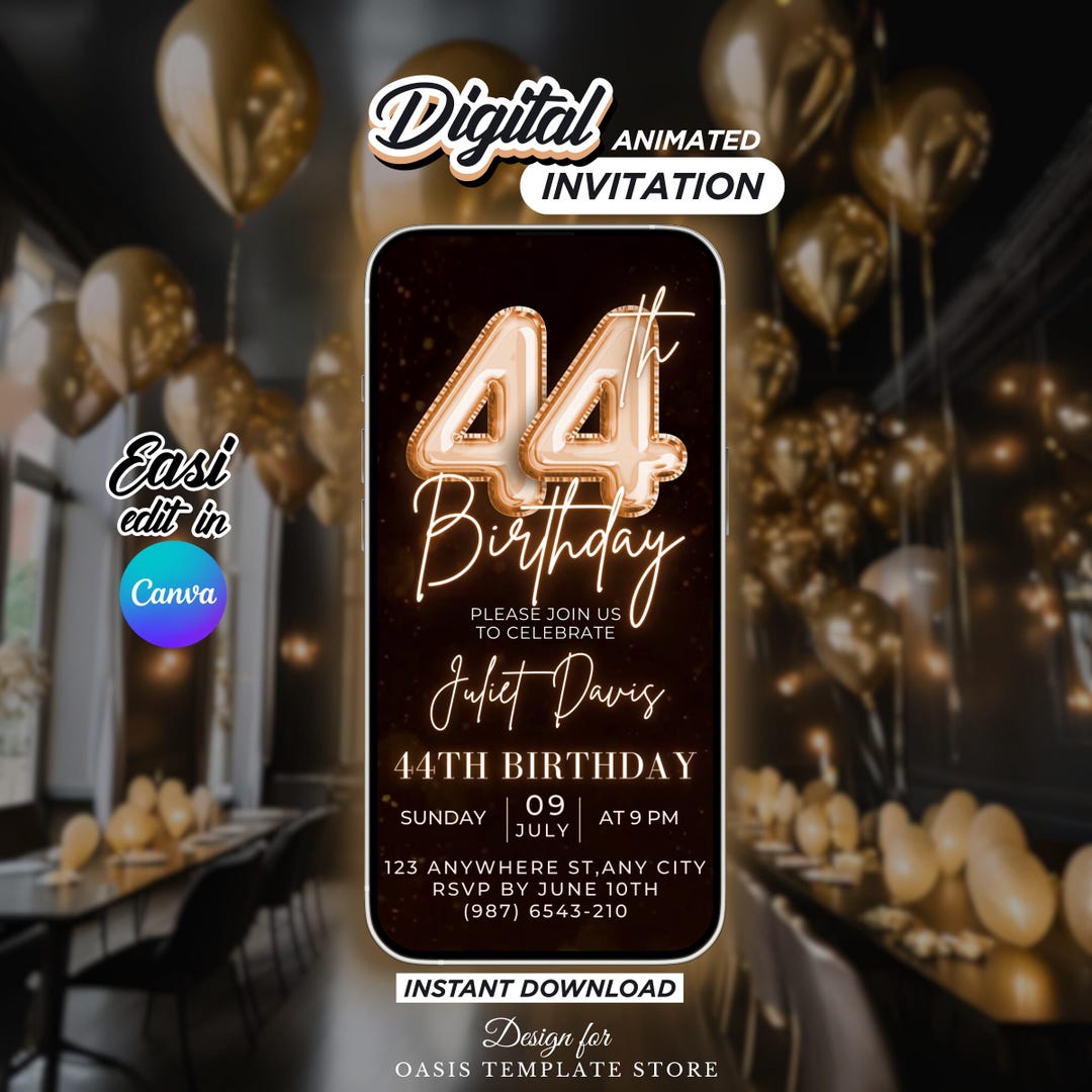 Digital 44th Birthday Video Invitation, 44th Gold Party Digital Invite ...