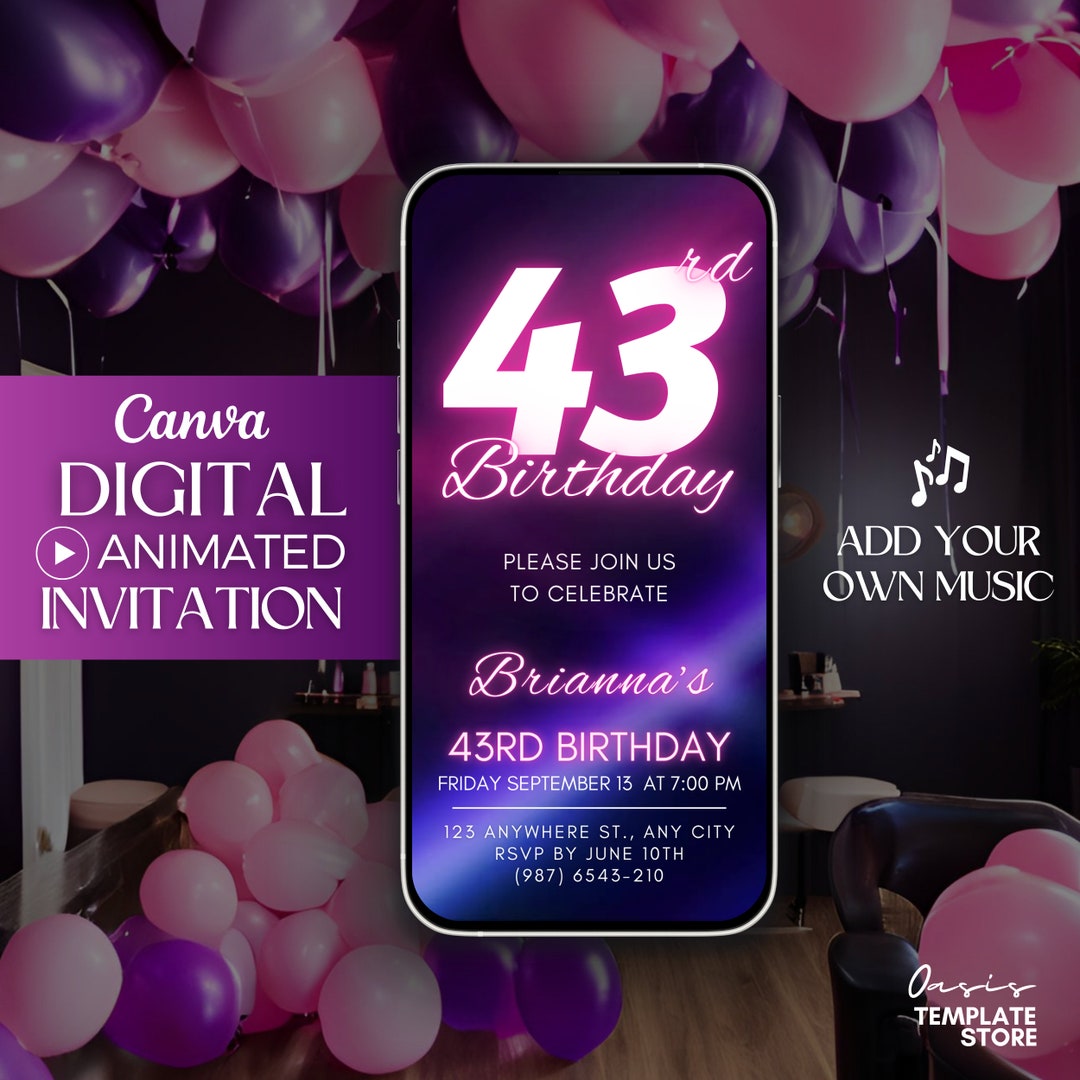 Forty Three 43rd Birthday Invitation, 43rd Pink Neon Digital Invitation ...