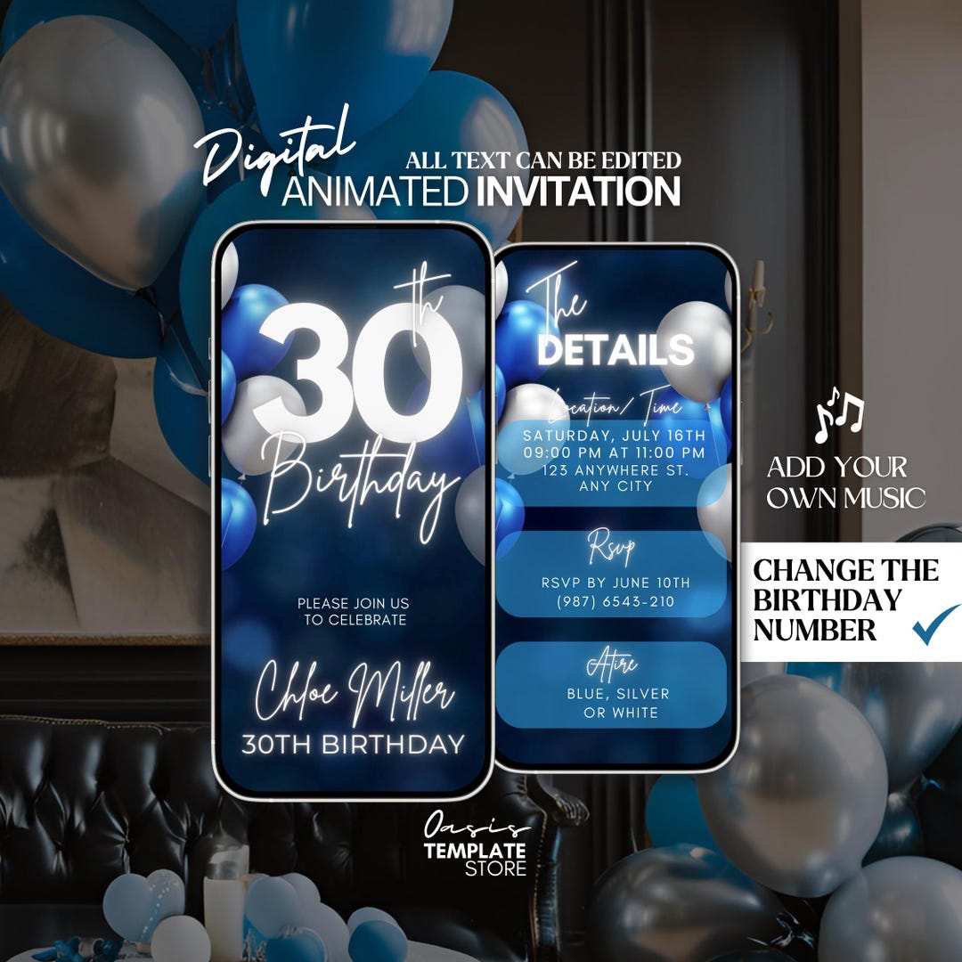 Editable 30th Birthday Invitation, Blue 30th Party Video Invite, 30th ...