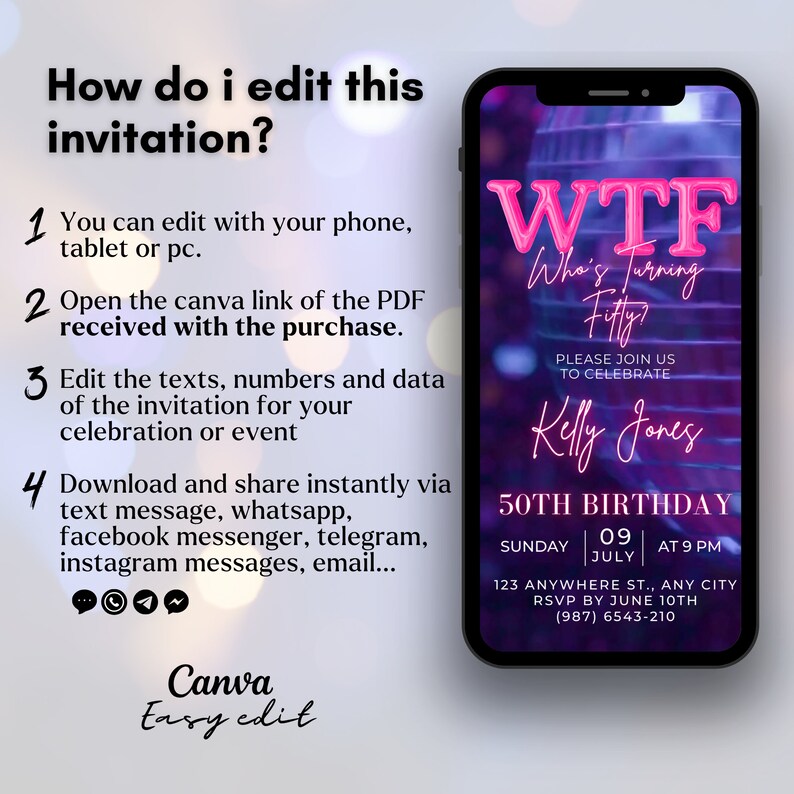 Pink Disco WTF 50th Birthday Invitation, Editable Birthday Invite ...