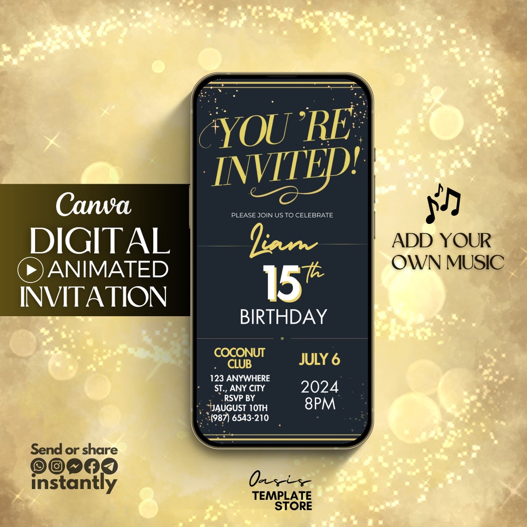 15th Digital Birthday Video Invitation, Fifteen Gold Glitter Digital ...