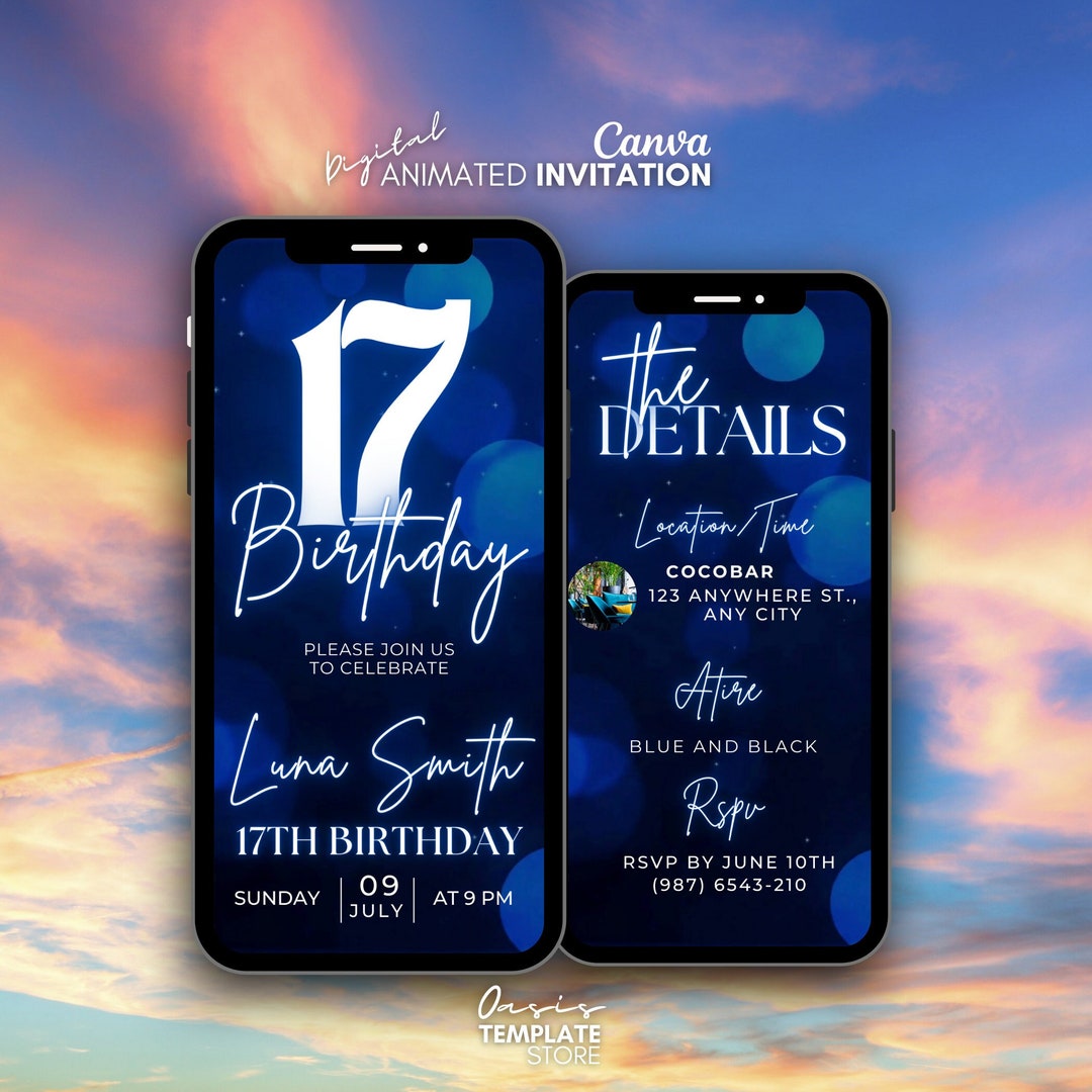 Digital 17th Birthday Invitation, 17th Mobile Invitation, Blue Glitter ...