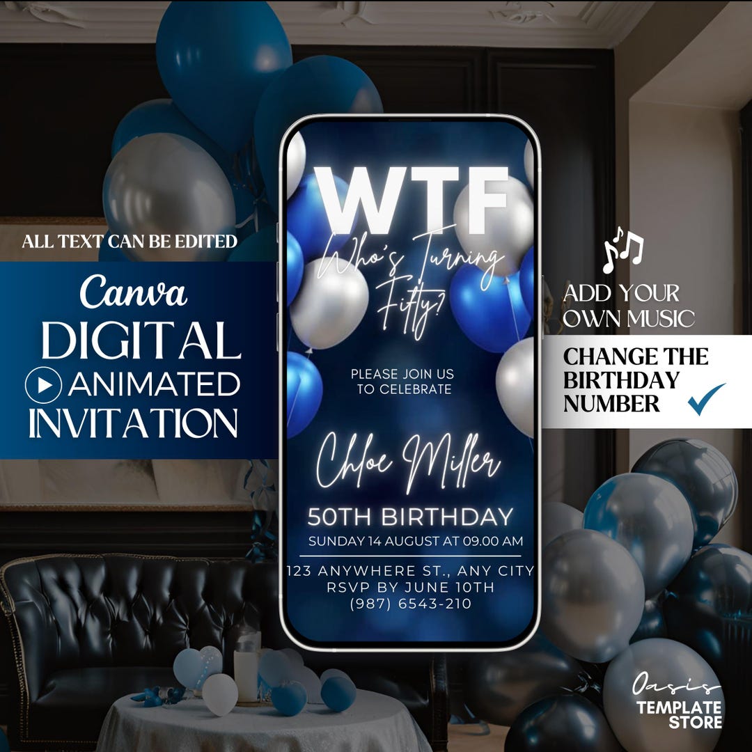 WTF 50th Birthday Invitation, Blue and Silver Party Video Invite, Navy ...