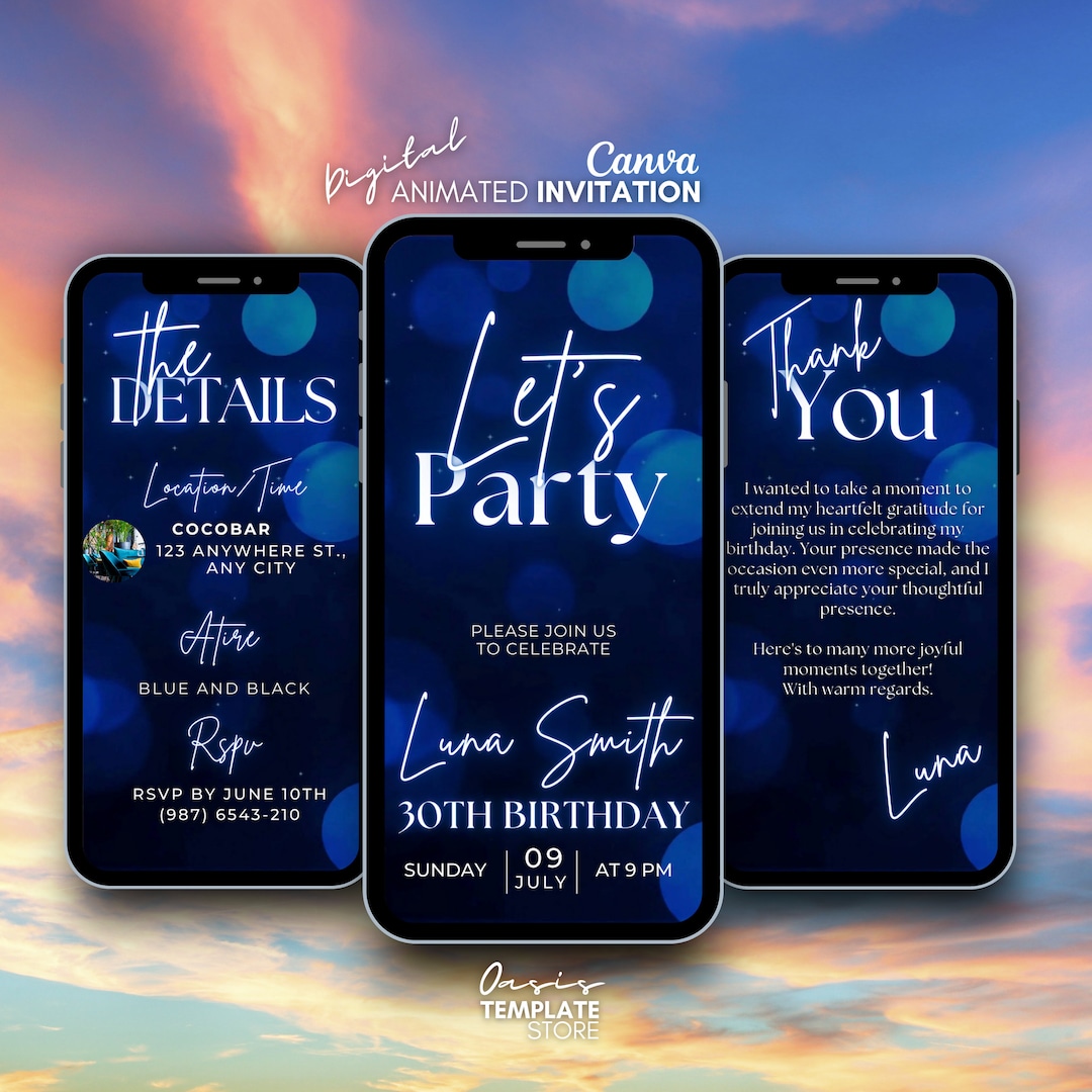 Digital Let's Party Invitation, Mobile Invite, Blue Glitter Digital ...
