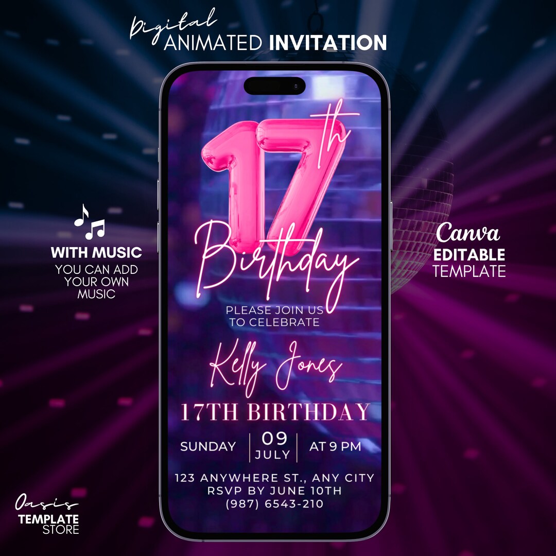 Editable 17th Pink Disco Birthday Invitation, Disco Party Invitation ...