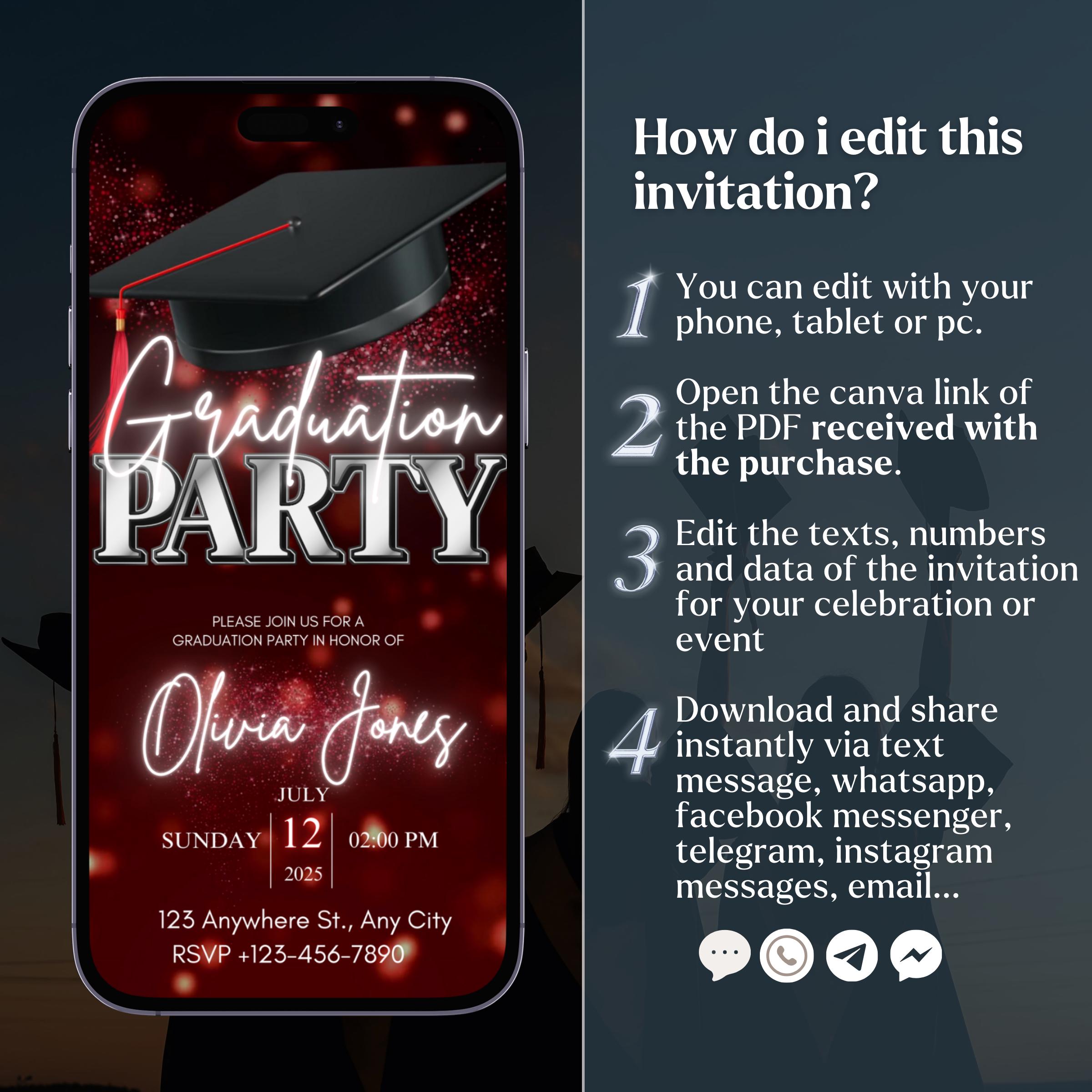 Red Graduation Party Invitation, Editable Digital Graduation 2026 ...