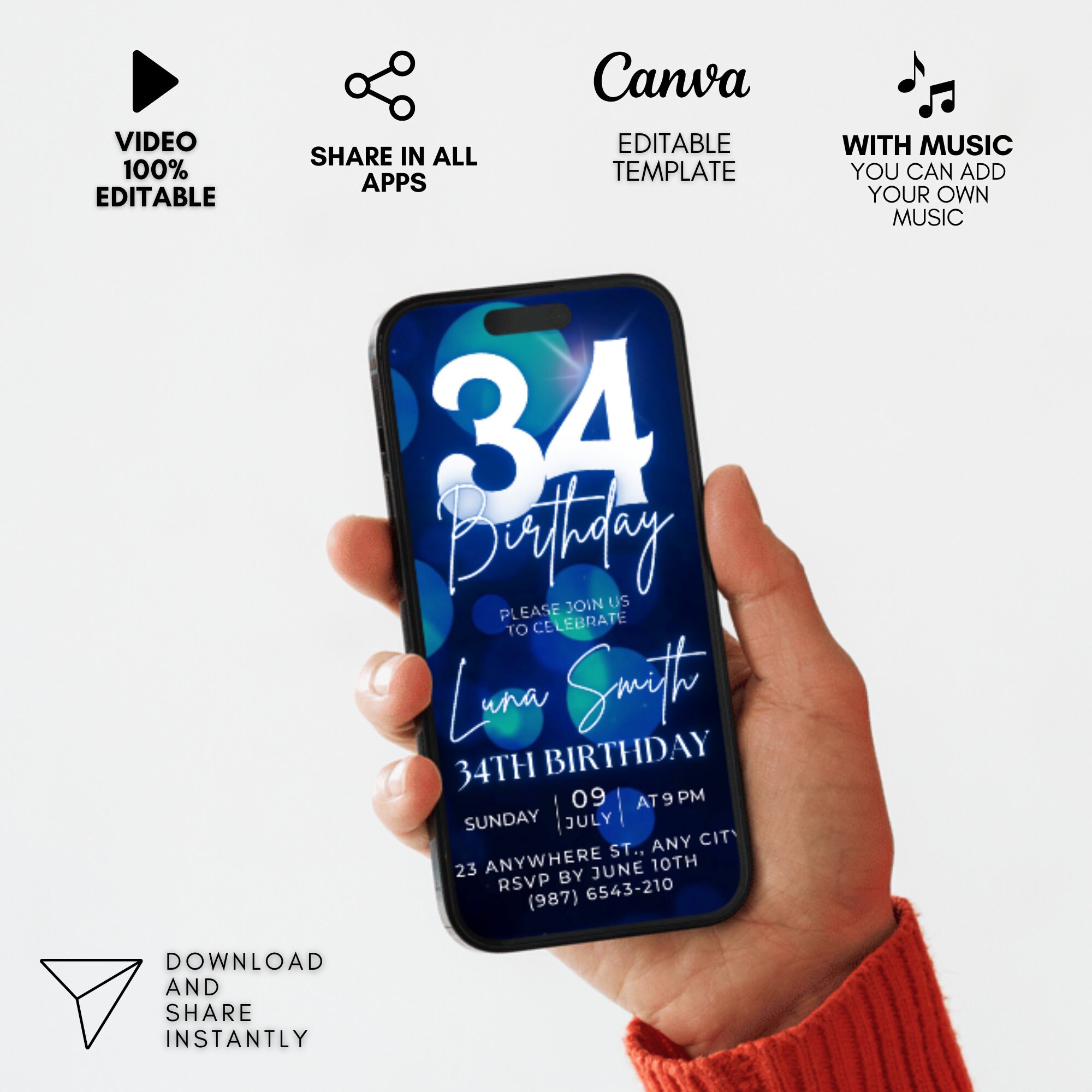 Editable 34th Birthday Invitation, Thirty Four Mobile Invitation, Blue ...