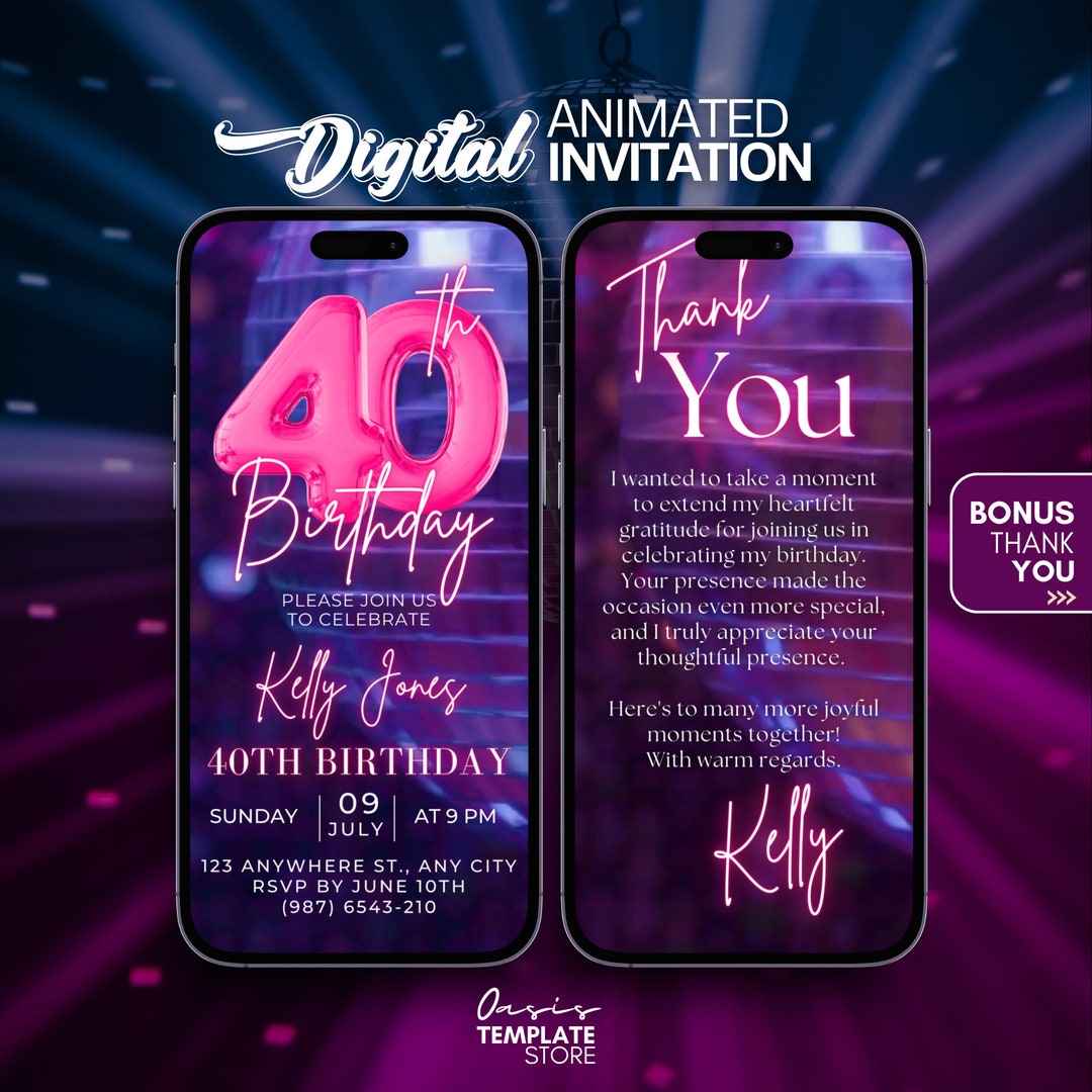 Forty 40th Pink Disco Birthday Invitation, Editable Birthday Invitation ...