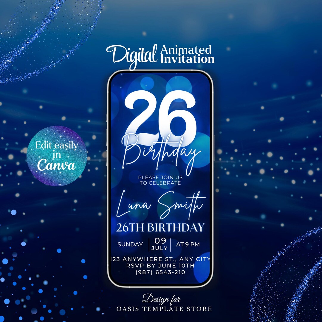 Editable 26th Birthday Invitation, 26th Phone Invitation, Blue Glitter ...