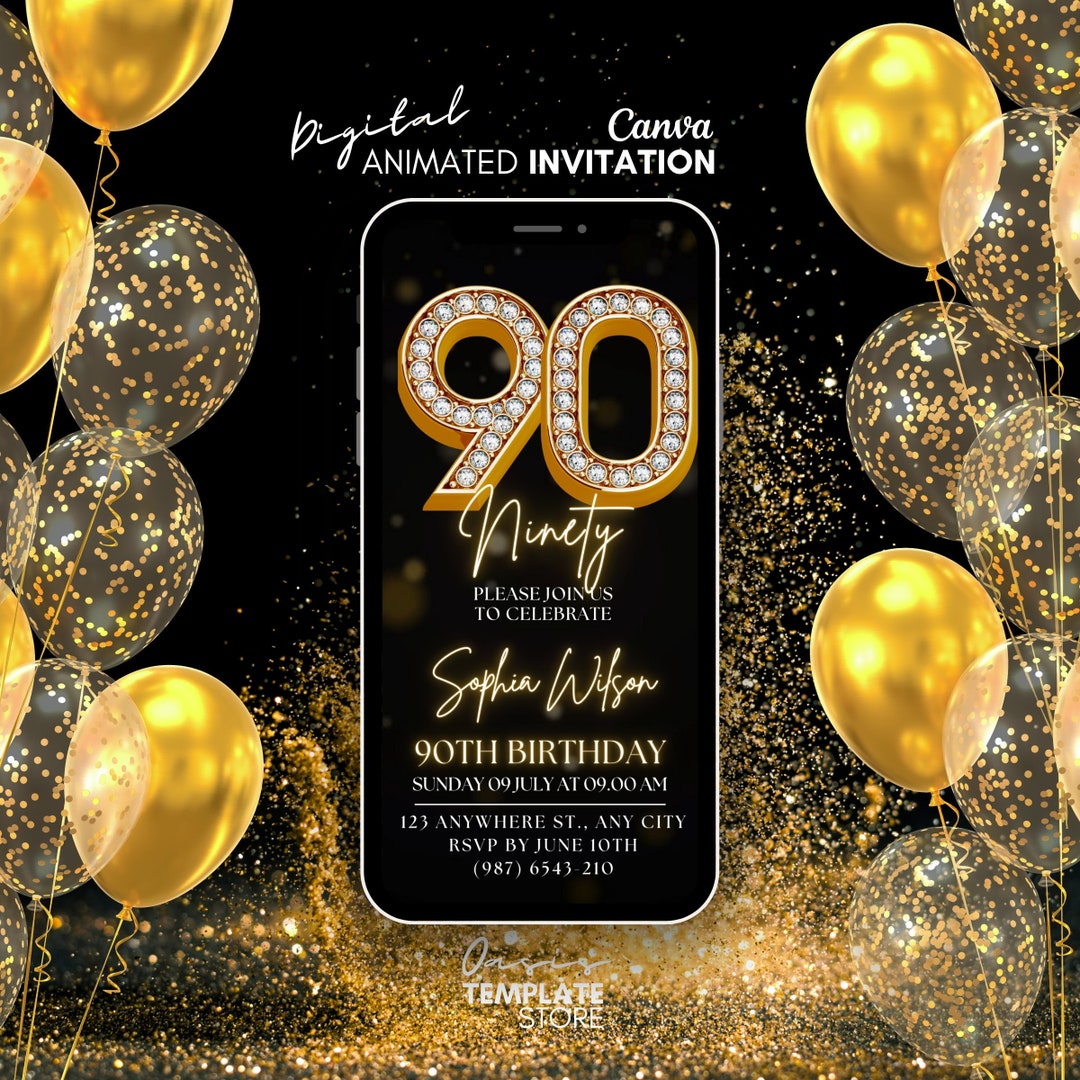 90th Birthday Invitation, Ninety Party Video Invitation, Black Gold ...