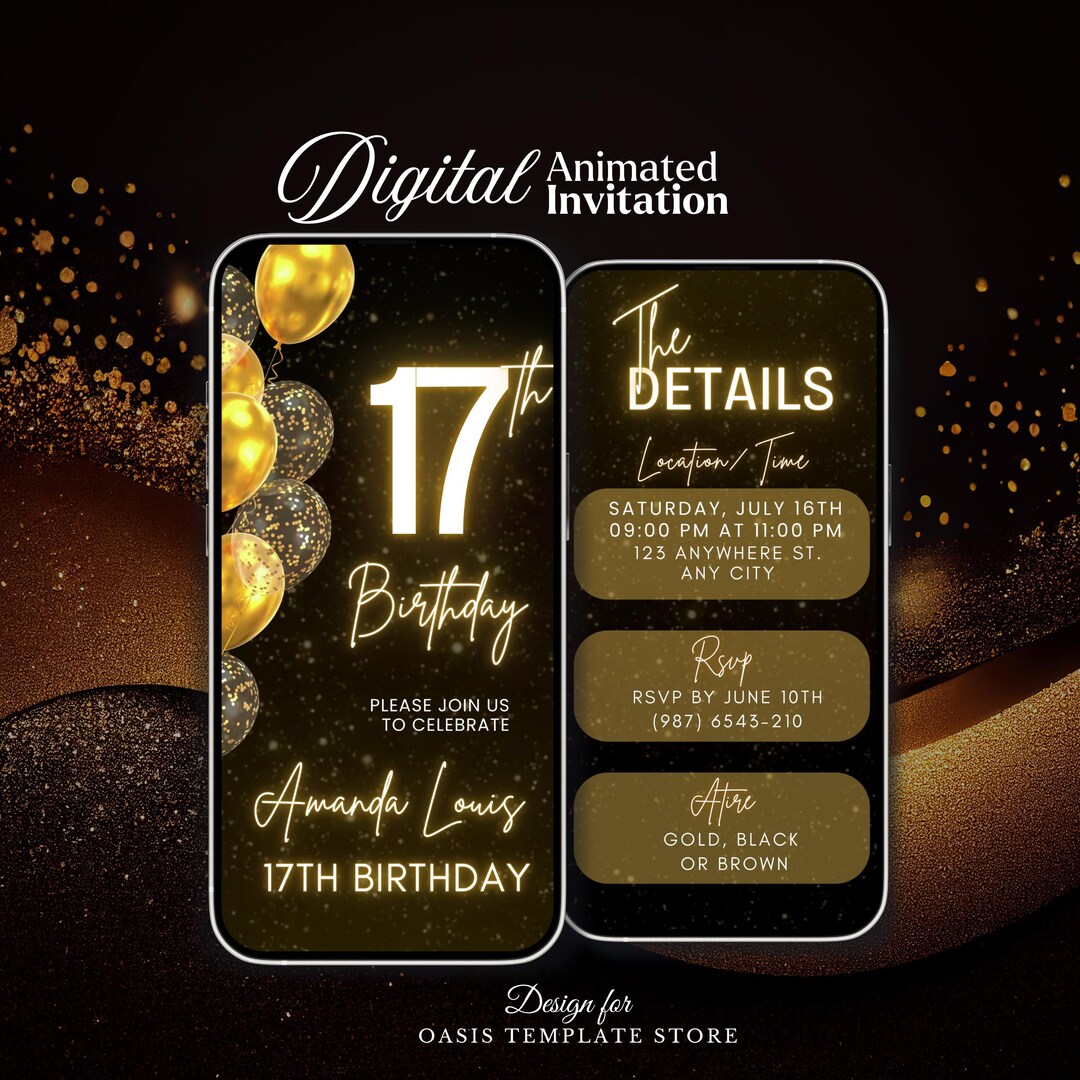 Digital 17th Birthday Invitation, 17th Animated Invite, Seventeen ...