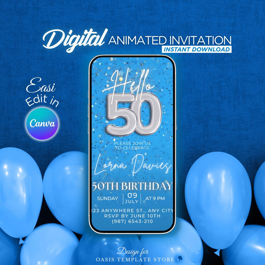 Hello 50th Birthday INVITATION, 50th Animated Invitation Party, Mobile ...