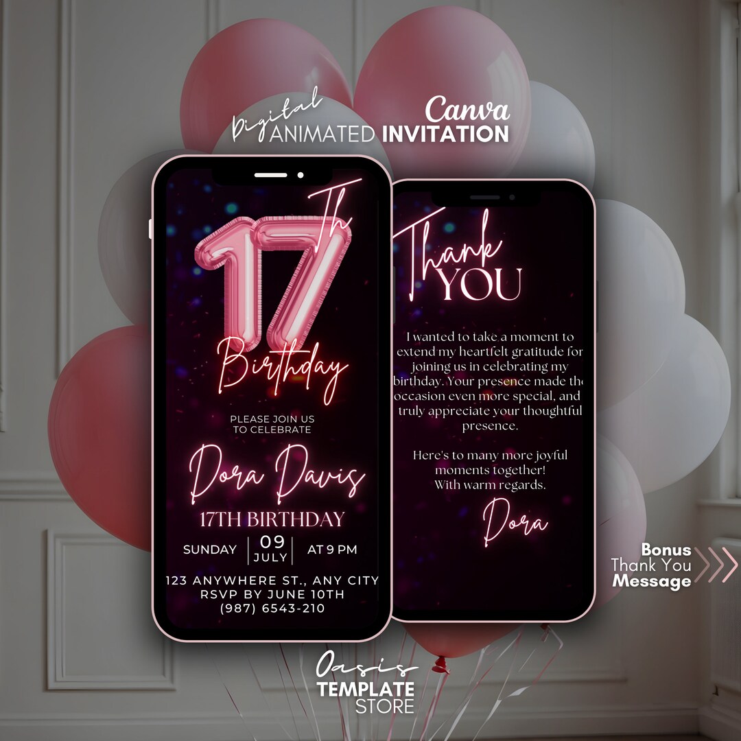Digital 17th Birthday Invitation, Pink Balloons Video Invite, Seventeen ...