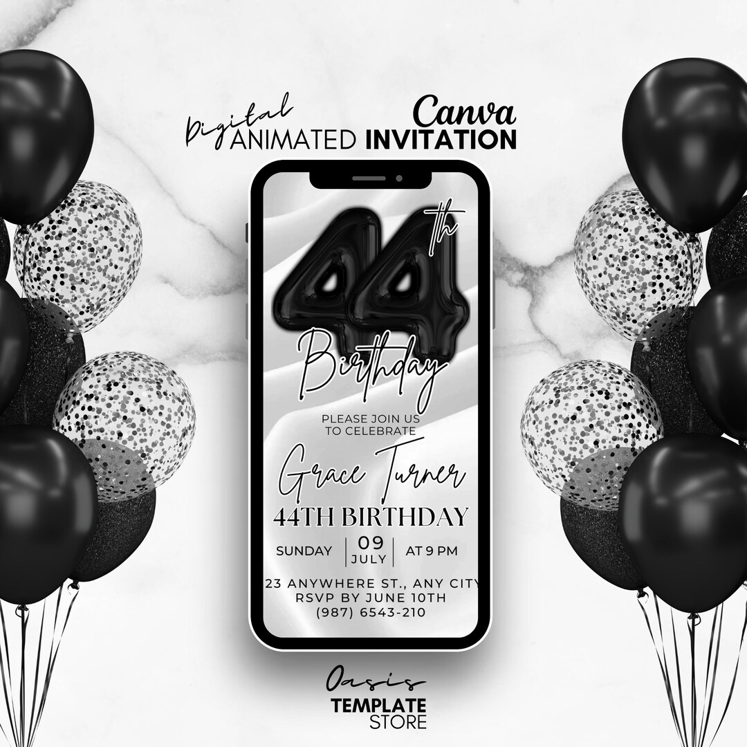 44th Birthday Invitation, Black Balloons Invitation, Mobile Party ...