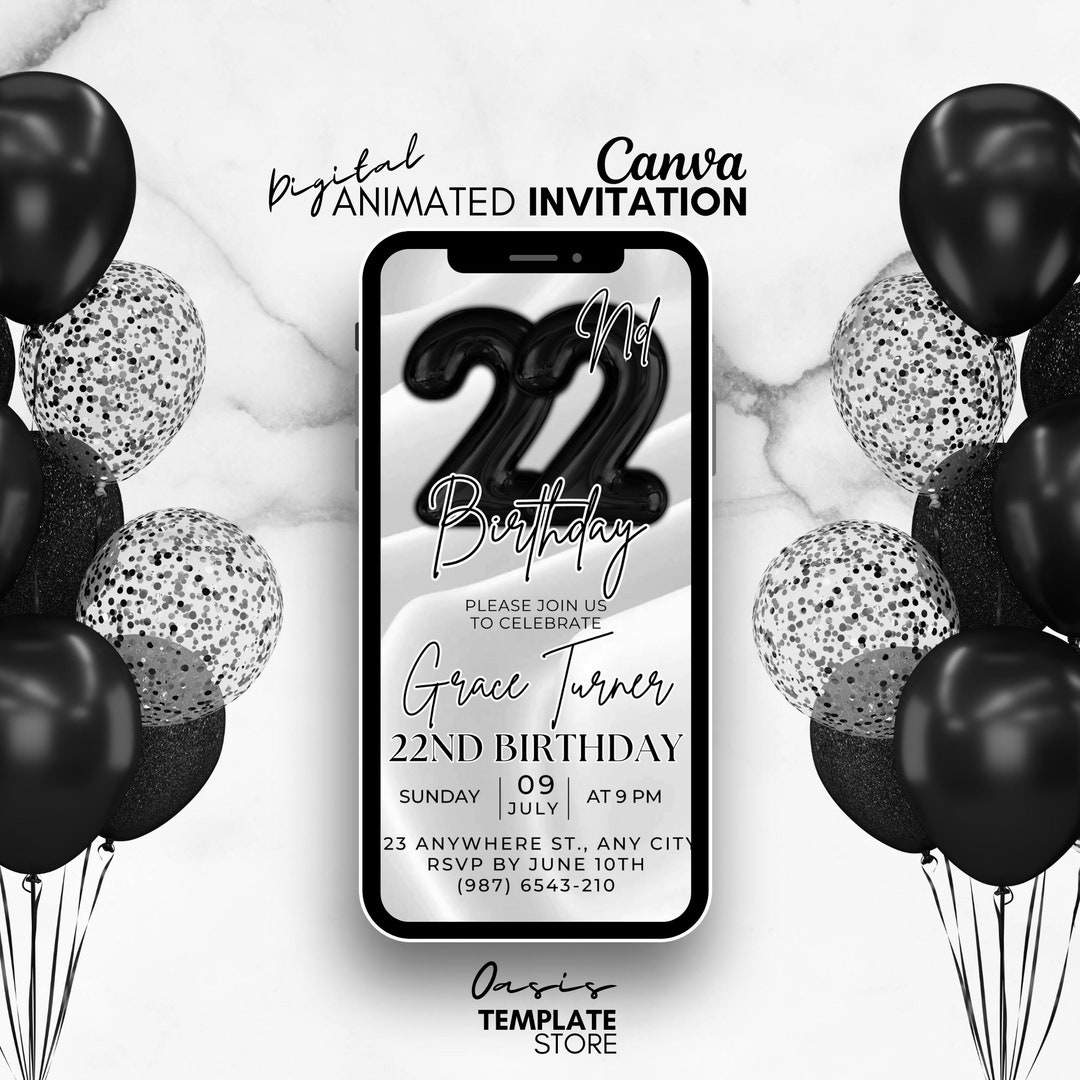 Digital 22nd Birthday Invitation, Black Balloons Invitation, Mobile ...