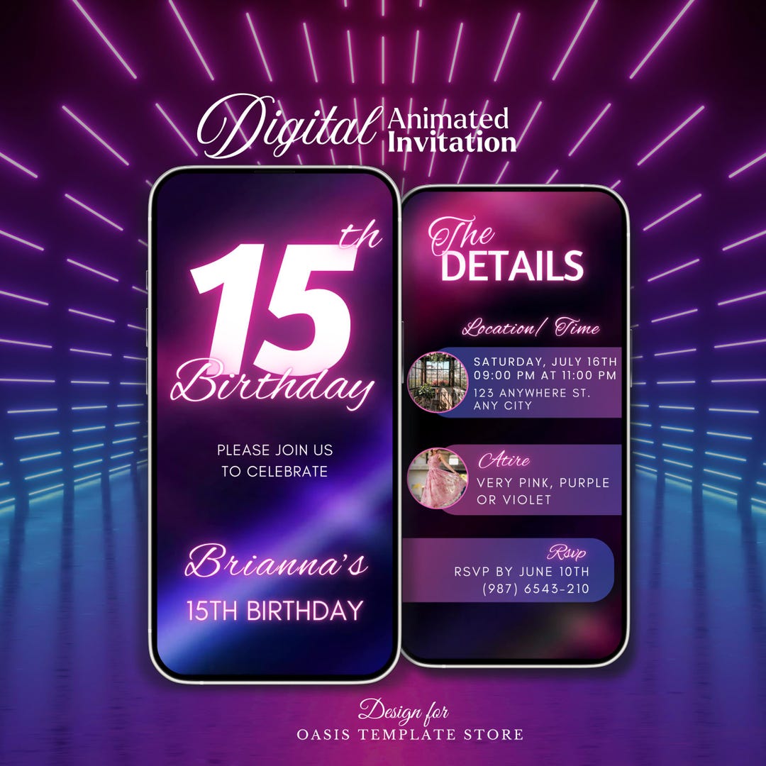 15th Birthday Invitation, Pink Neon Digital Invite, 15th Video ...