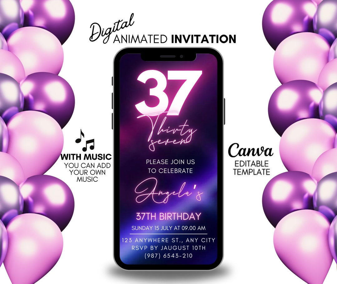 37th Birthday Invitation, Digital Party Invitation, Pink Video ...