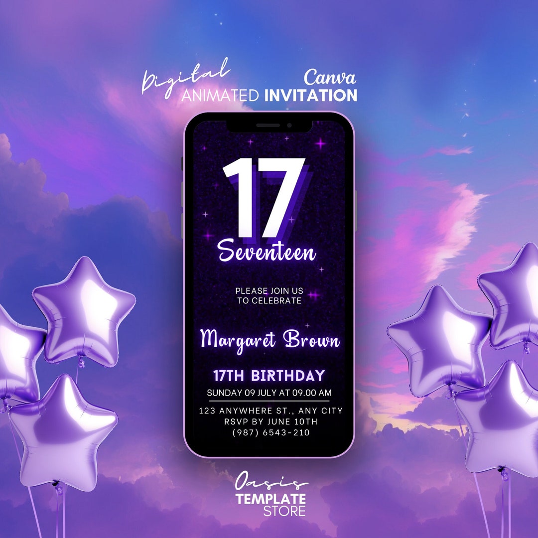 17th Birthday Invitation, Seventeen Digital Purple Invitation, Mobile ...