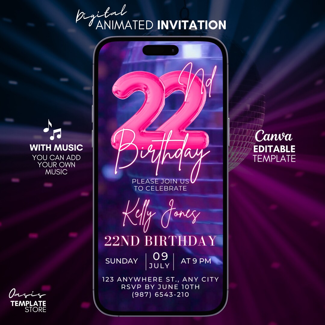 22nd Pink Disco Birthday Invitation, Editable 22nd Party Invitation, Phone Party Invitation ...