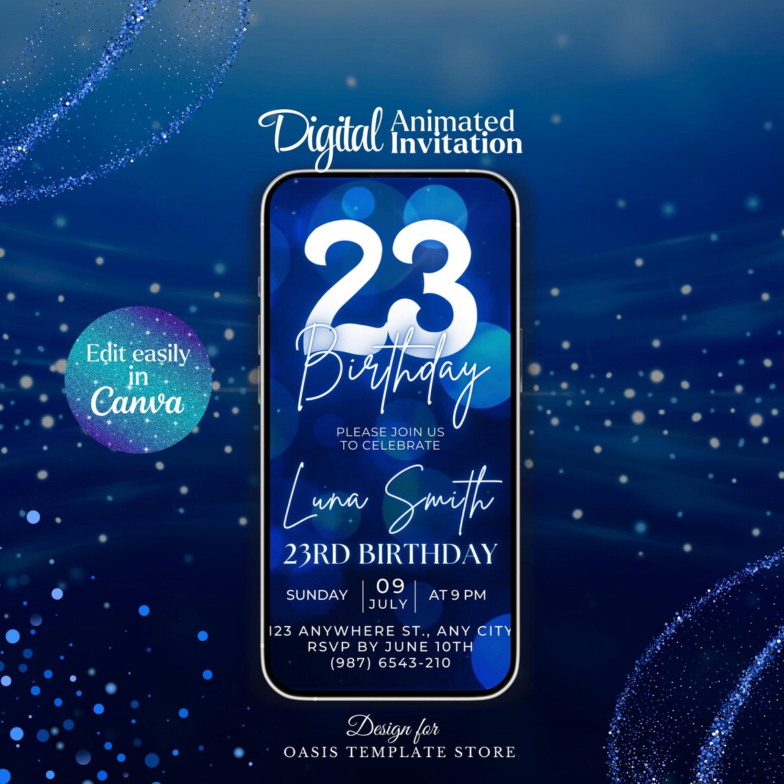 Editable 23rd Birthday Invitation, 23rd Blue Invite, Blue Glitter ...